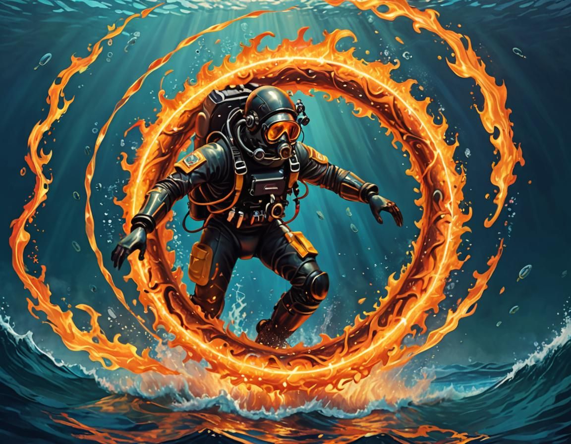 A deep sea diver, swimming in the vibrant lively ocean waters, swimming ...