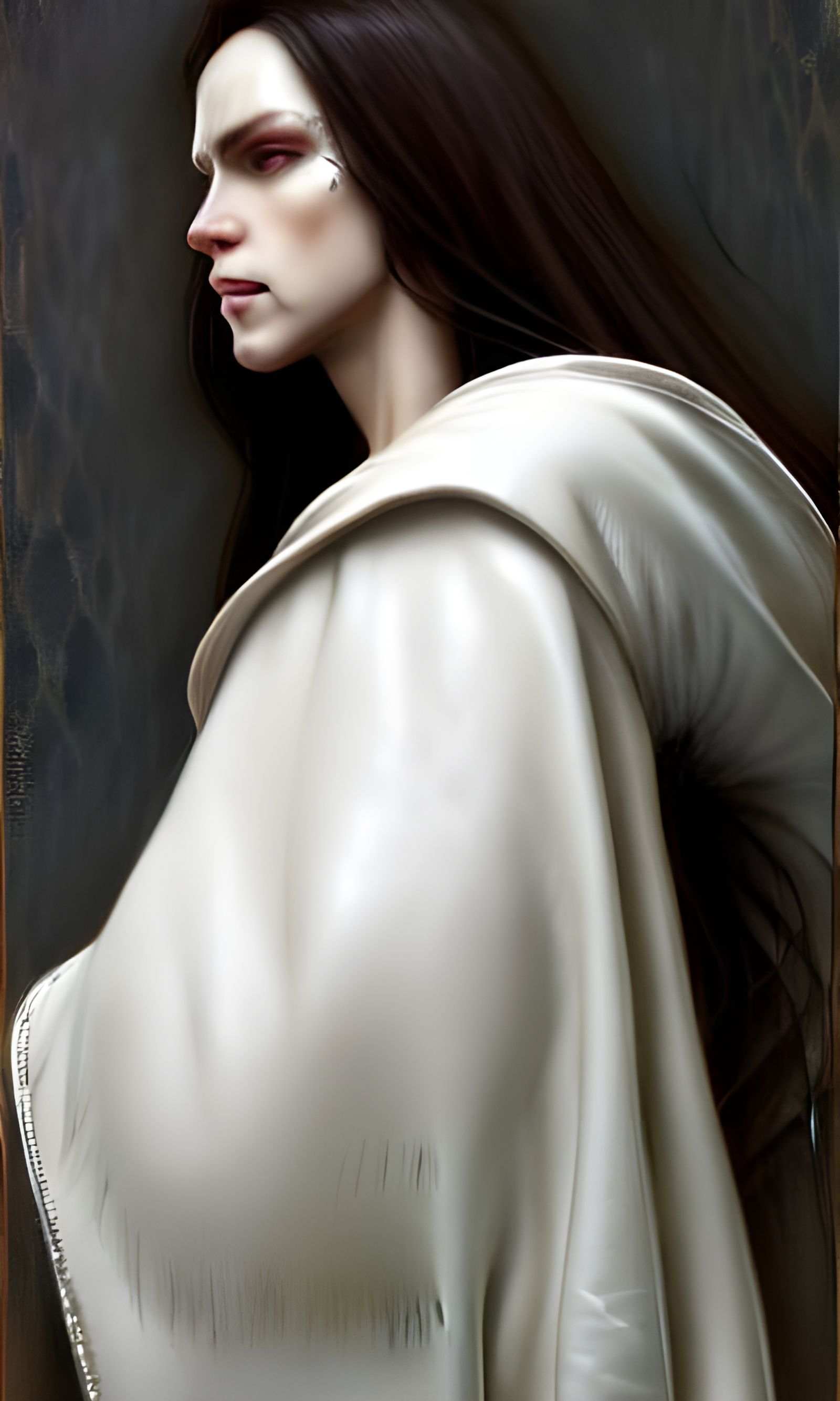 Brunette hair, white leather cloak, muscular, elegent intricate leather ...