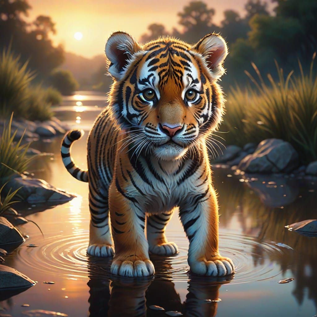 a cute tiger cub wandering by a calm river at sunset