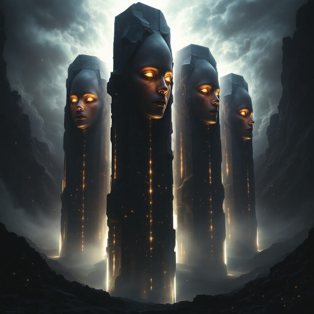 Ethereal Godly Faces Emerge from Dark Energy Silos - AI Art