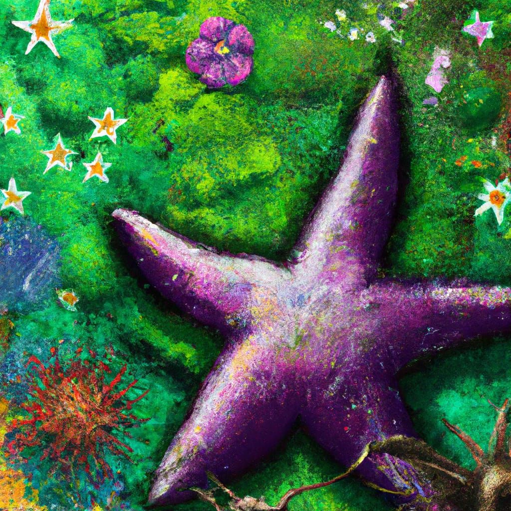 ONE enormous mauve starfish surrounded by sea urchins and sea plants on ...