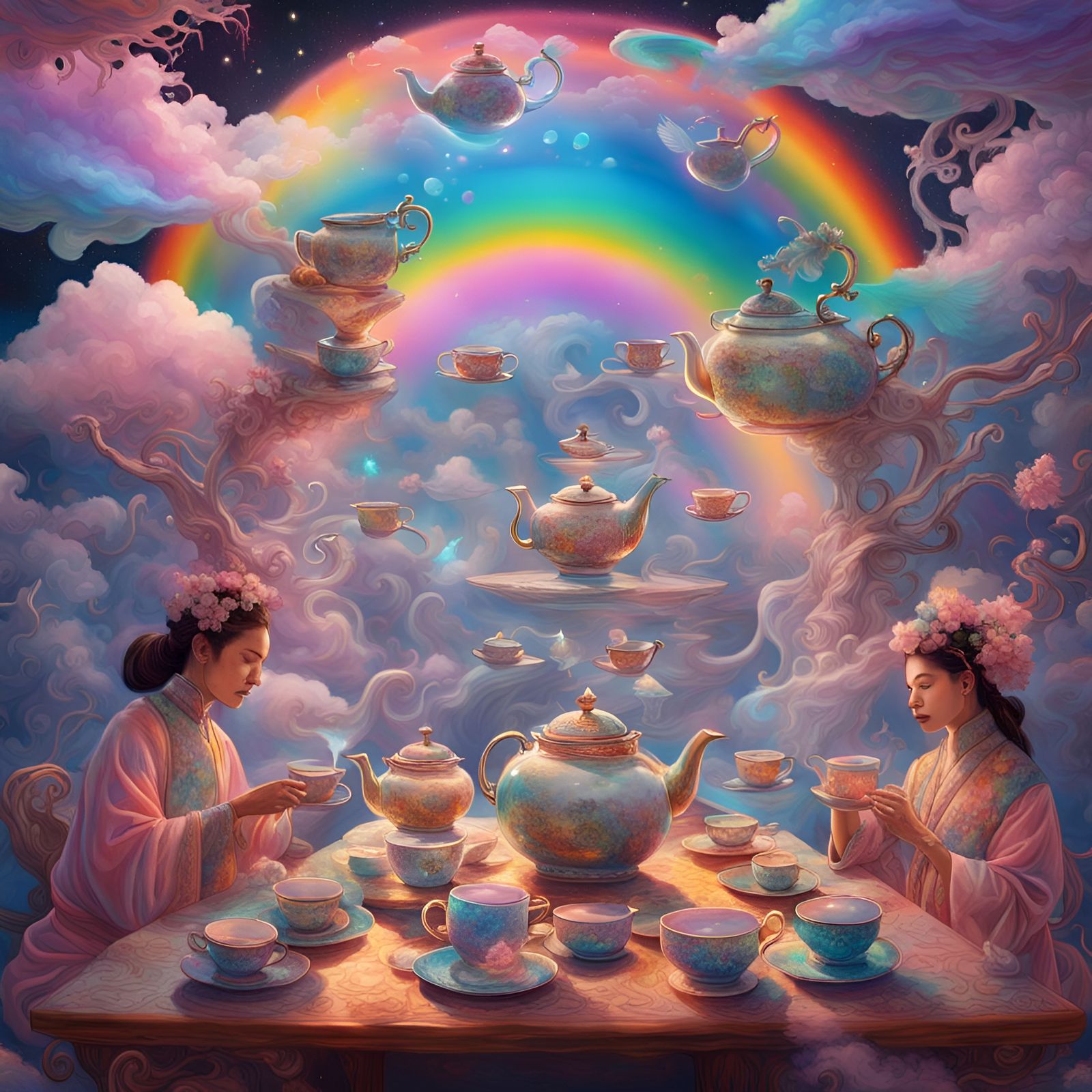 Generate a picture capturing the whimsical essence of this surreal tea ...