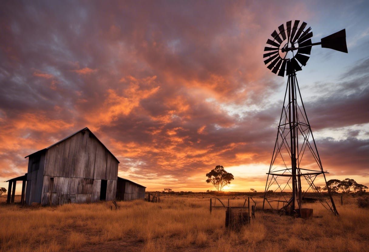 Realistic Australian outback farm with an old windmill water pump ...