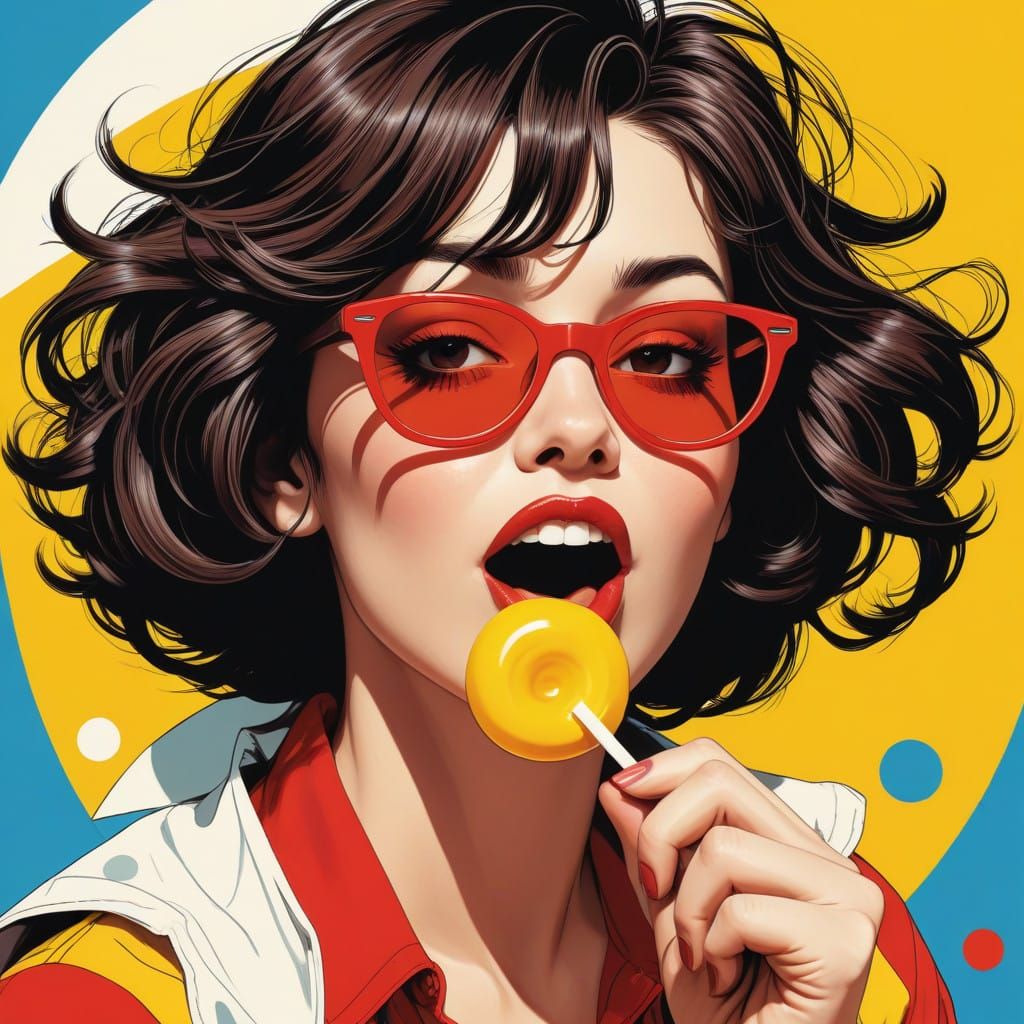 Lollipop - Dynamic Woman Licks Lolly in Bold Comic Book Styl...