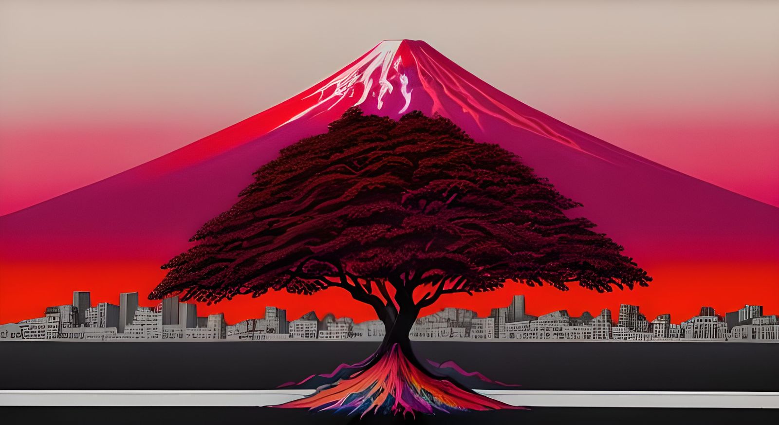 vaporwave tree of life mt fuji art deco brown grey crimson red orange ...