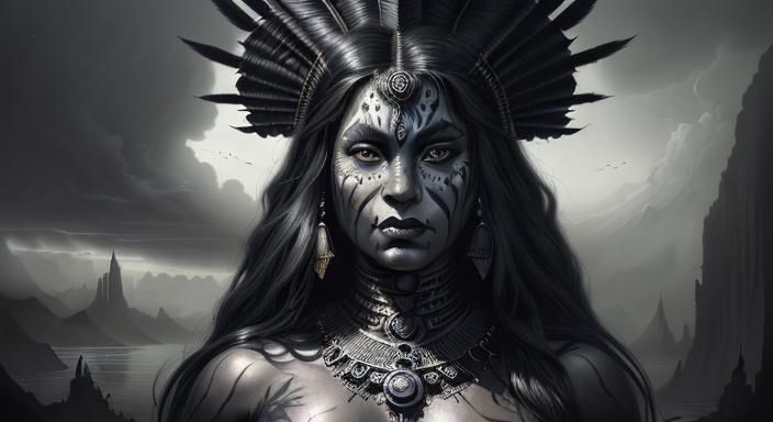 dark portrait of a majestic amazon woman, ultra-detailed pen and ink ...