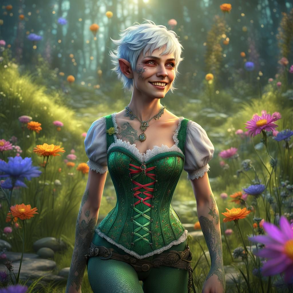 Psychedelic meadow, full-body portrait, female elf, looking backward ...
