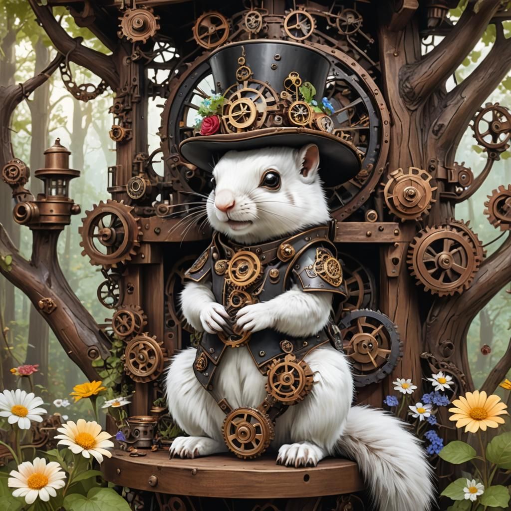 A fluffy white squirrel with beautiful brown eyes wearing steampunk ...