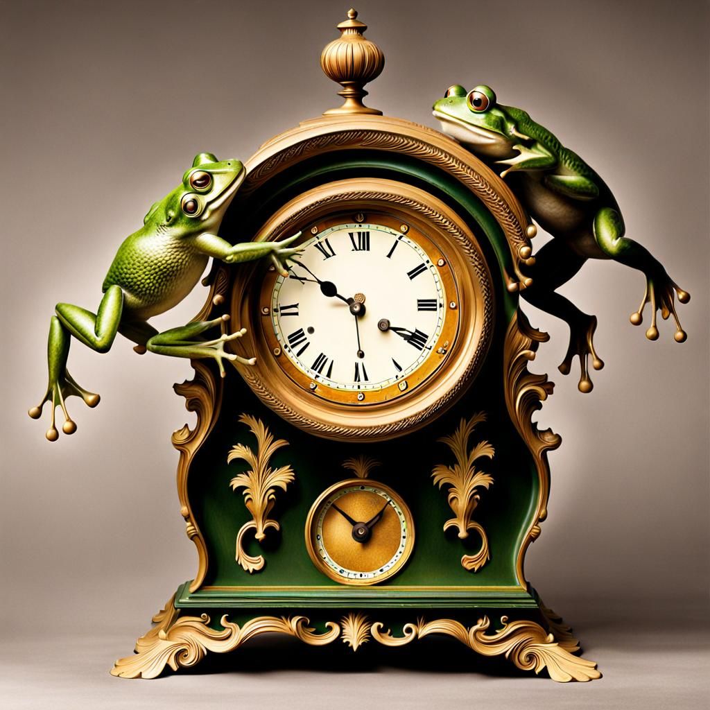 frog leaping on a clock to another clock, antique - AI Generated ...