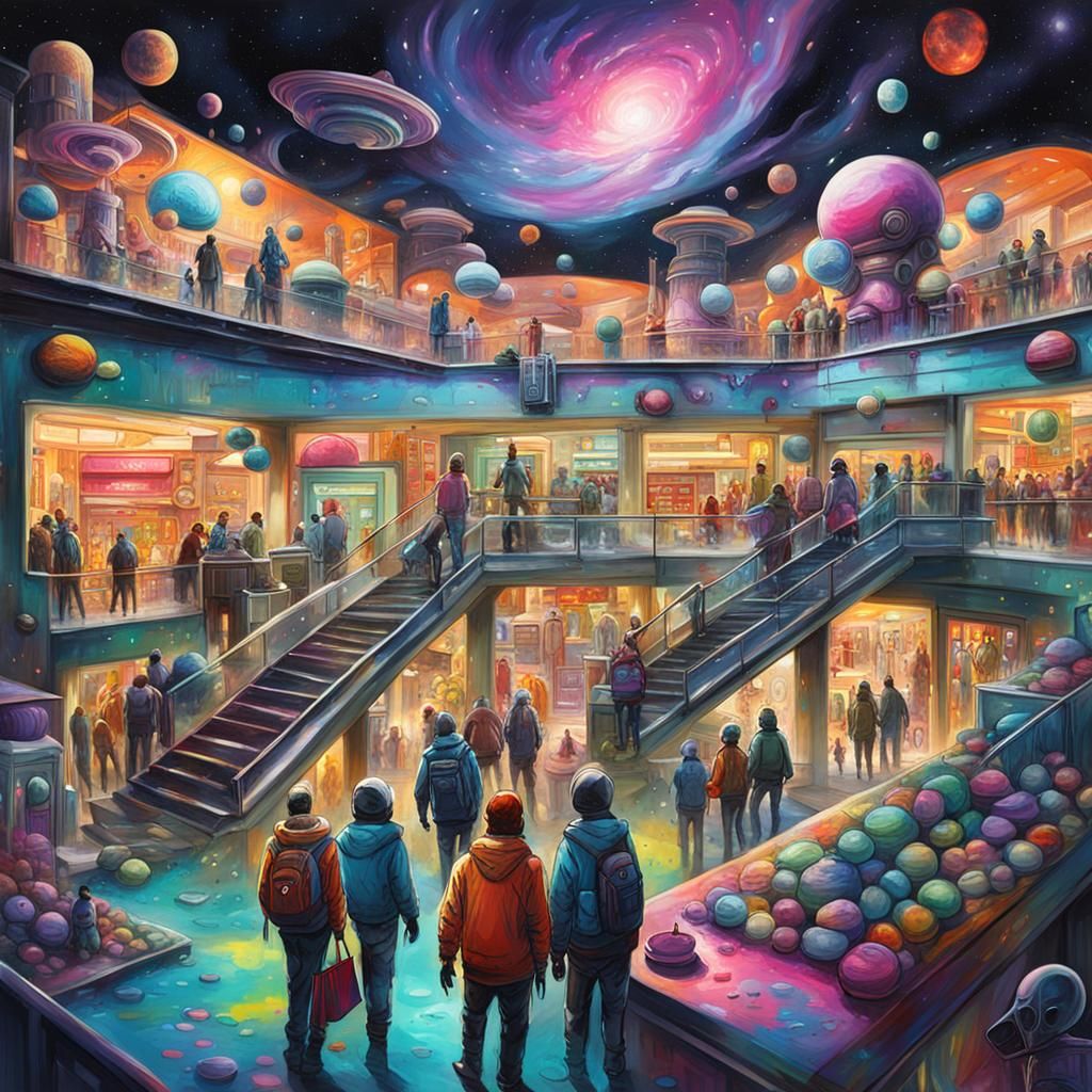 Galactic shopping mall, packed with alien shoppers. - AI Generated ...