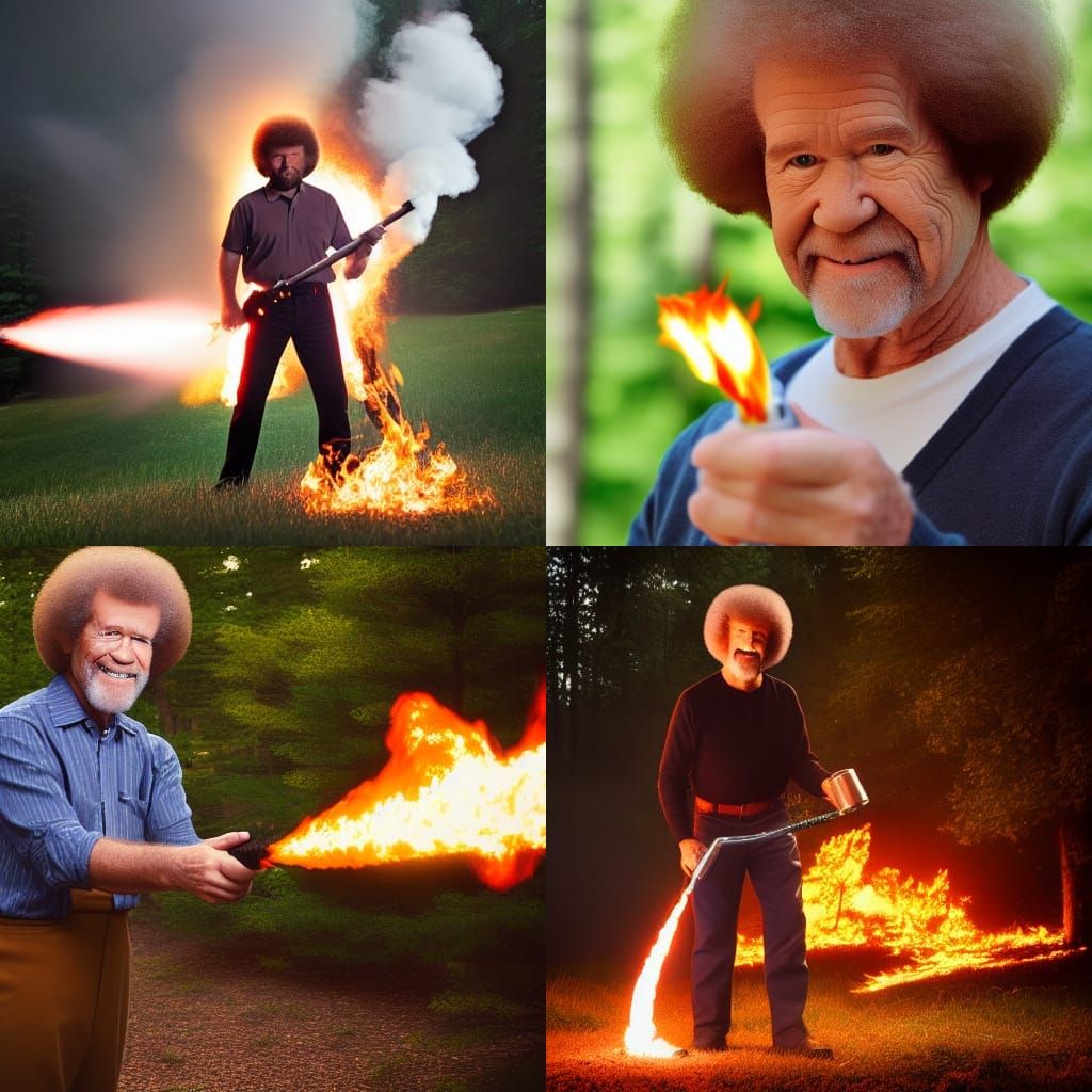 Bob Ross using flamethrower - AI Generated Artwork - NightCafe Creator