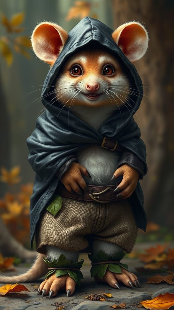 Fantasy Forest Possum in Elegant Leather Cloak - AI Art