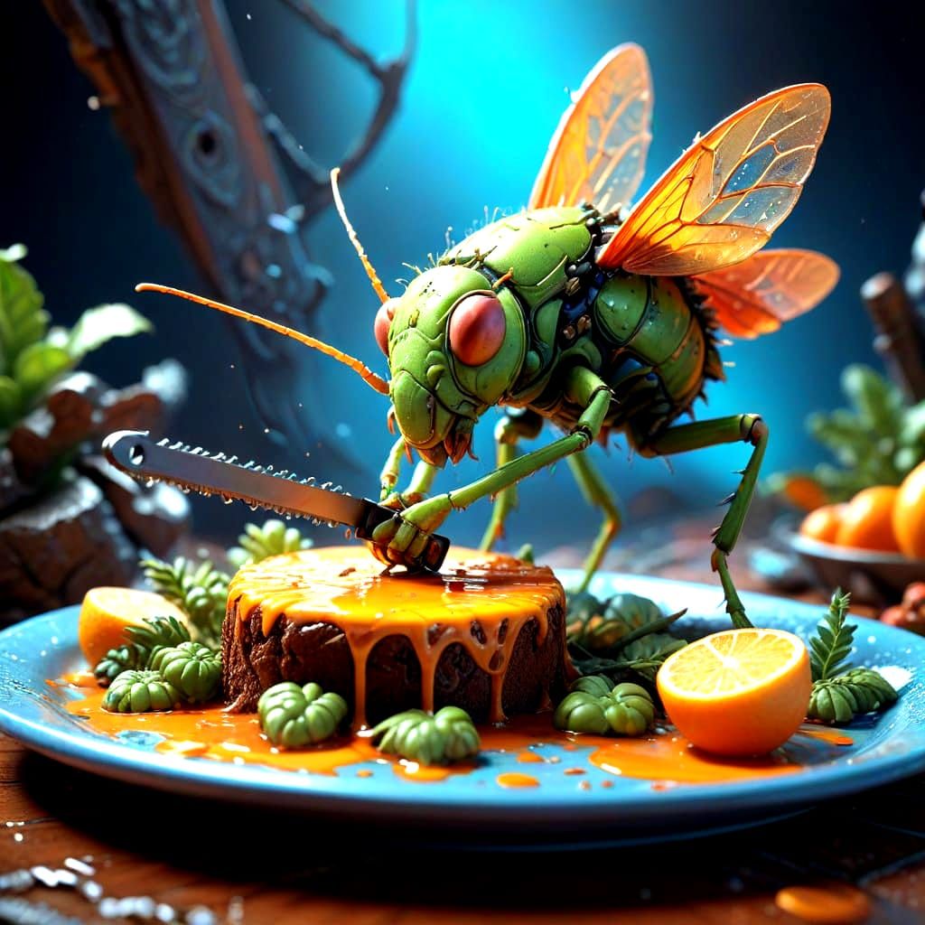 Aphid with a chainsaw sawing a plate with gravy,