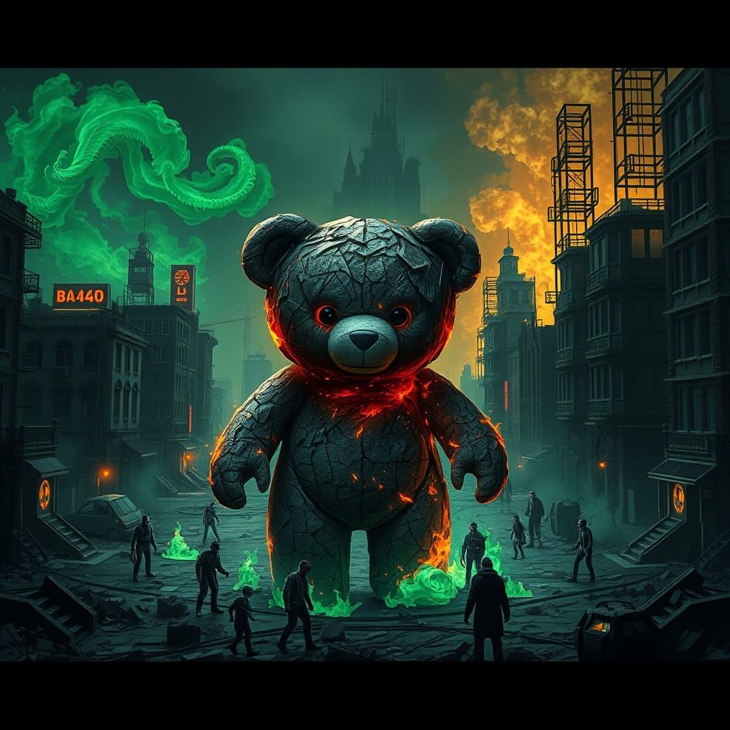 Teddy Terror - Abandoned Teddy Bear in Apocalyptic Cityscap...