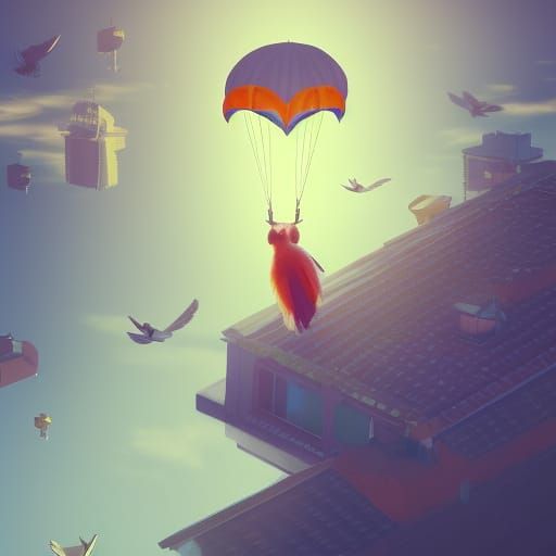 Focus on a beautiful bird clinging to its parachute above a city/bright ...