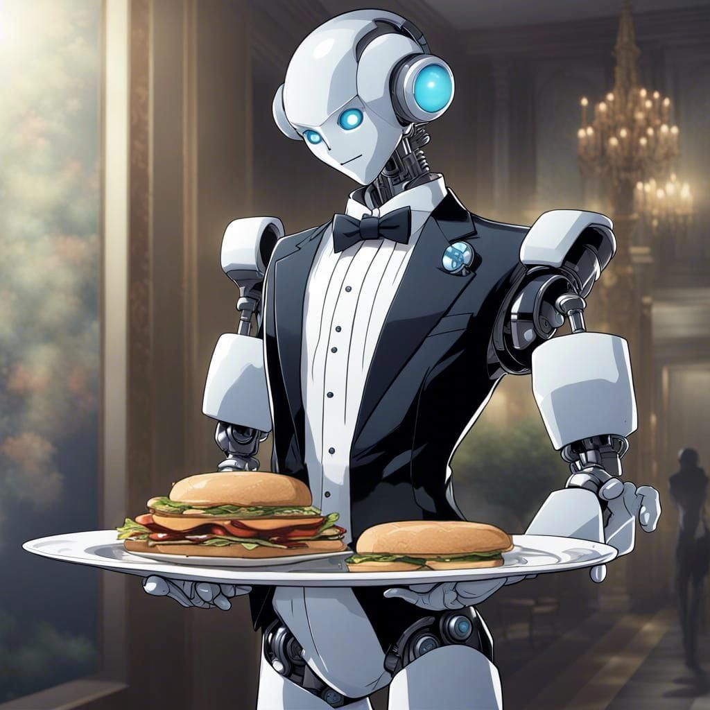 "Robot butler" holding a platter in the air with one arm and one arm ...