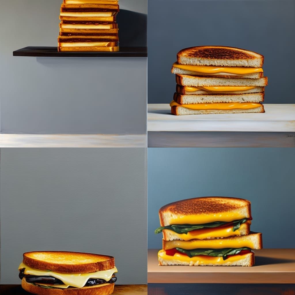 An oil painting of a Grilled cheese sandwich sitting on a wooden table ...