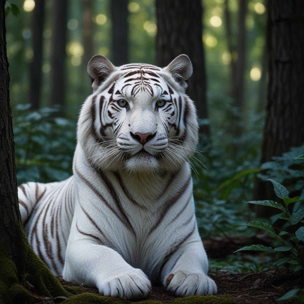 Ethereal White Tiger in Moonlit Fantasy Forest - AI Art