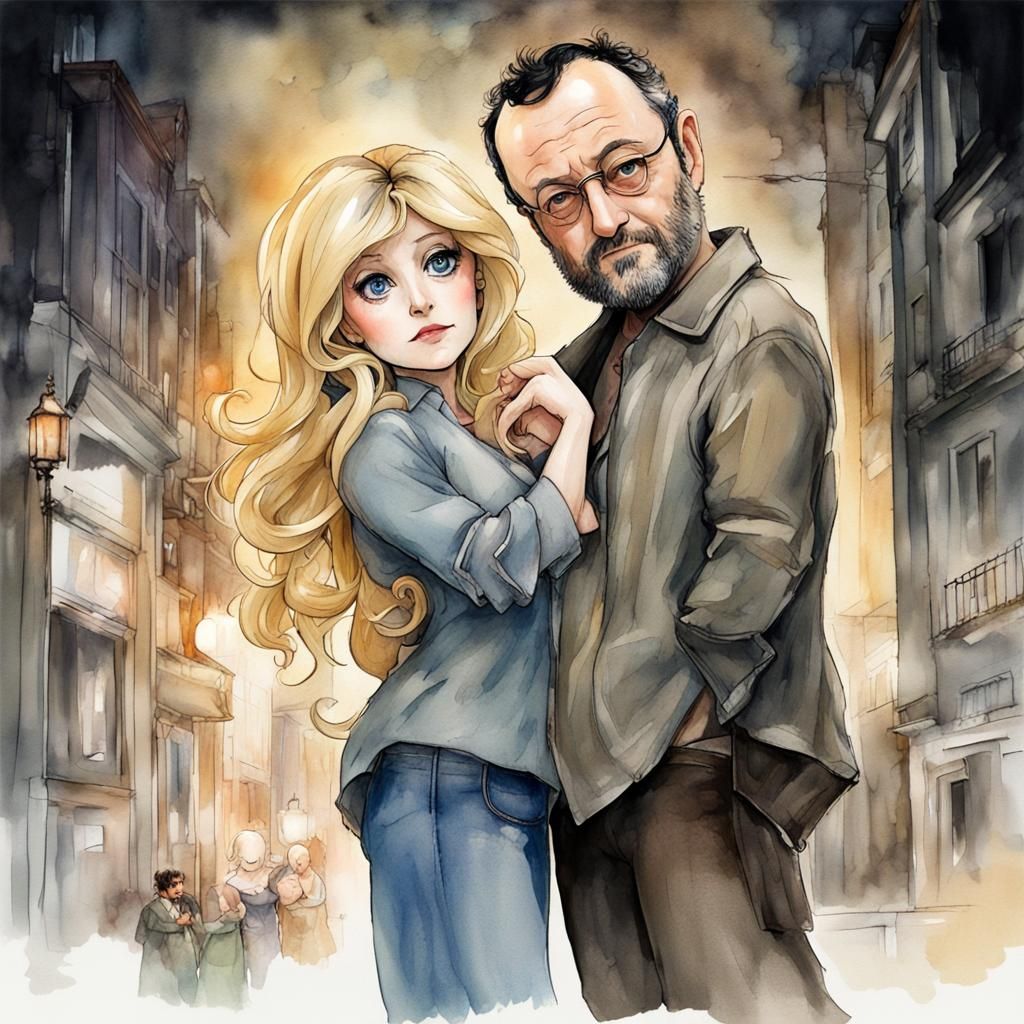 (chibi characters:1.9) (Jean Reno and Catherine Deneuve:1.8 ...