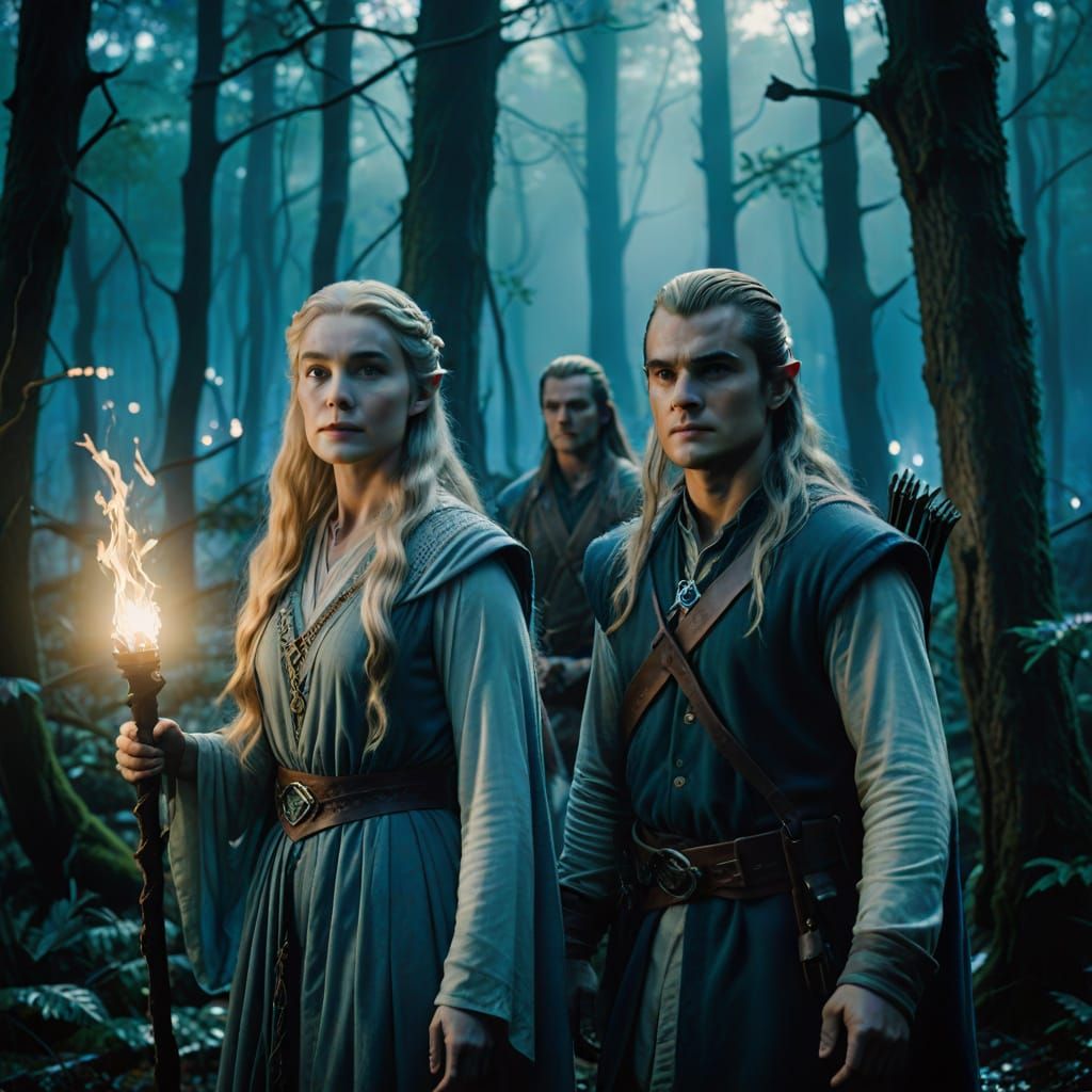 Portrait of a young Galadriel and Legolas in a misty forest, Anime Style