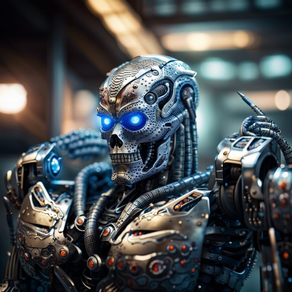 Terminator like robot made of metal with snake scale skin. there are ...