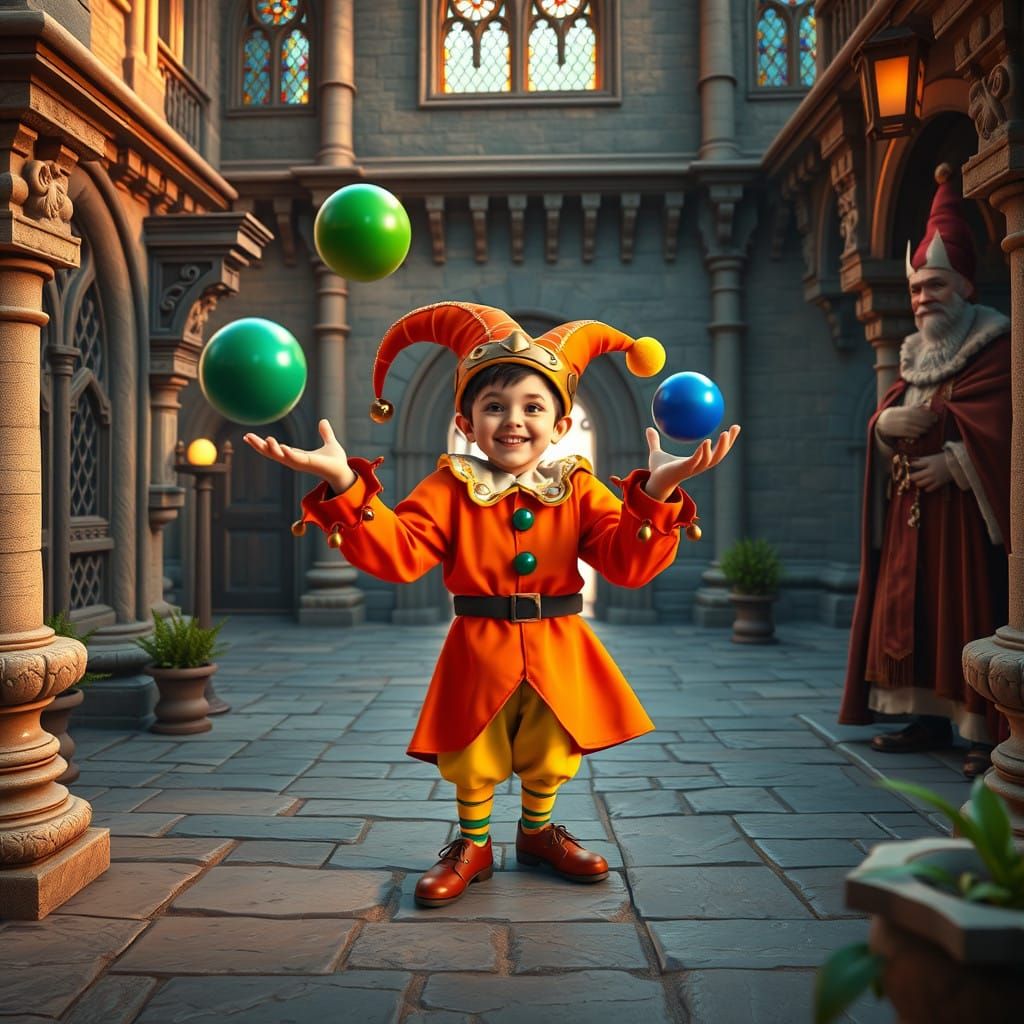Young Jester Juggles in Vibrant Medieval Castle Co... - AI Art