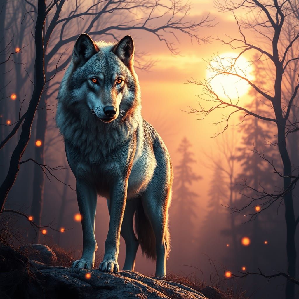 wolf - Majestic Wolf Silhouetted Against Ethereal Forest