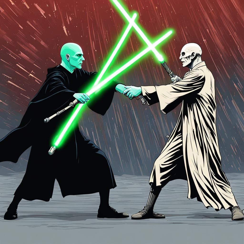 Voldemort and Harry Potter dueling with light sabers - AI Generated ...