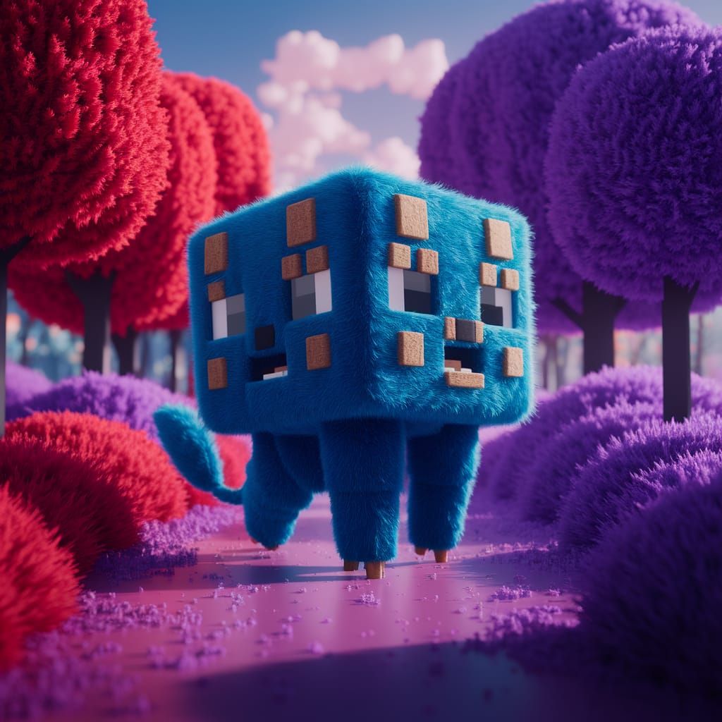 Fantastical Blue Cube Creature Explores Vibrant Su... - AI Art