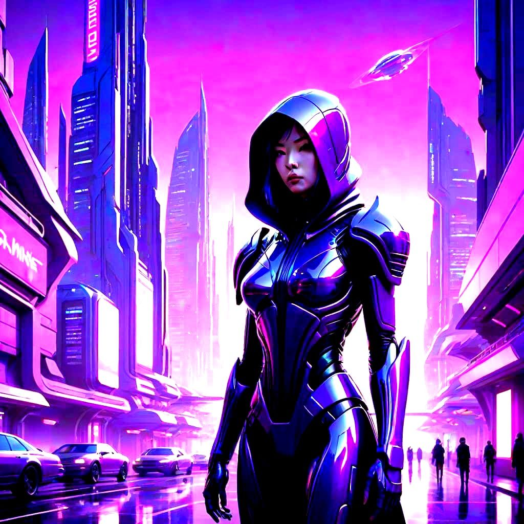Ethereal Purple Figures March Towards a Utopian Ci... - AI Art