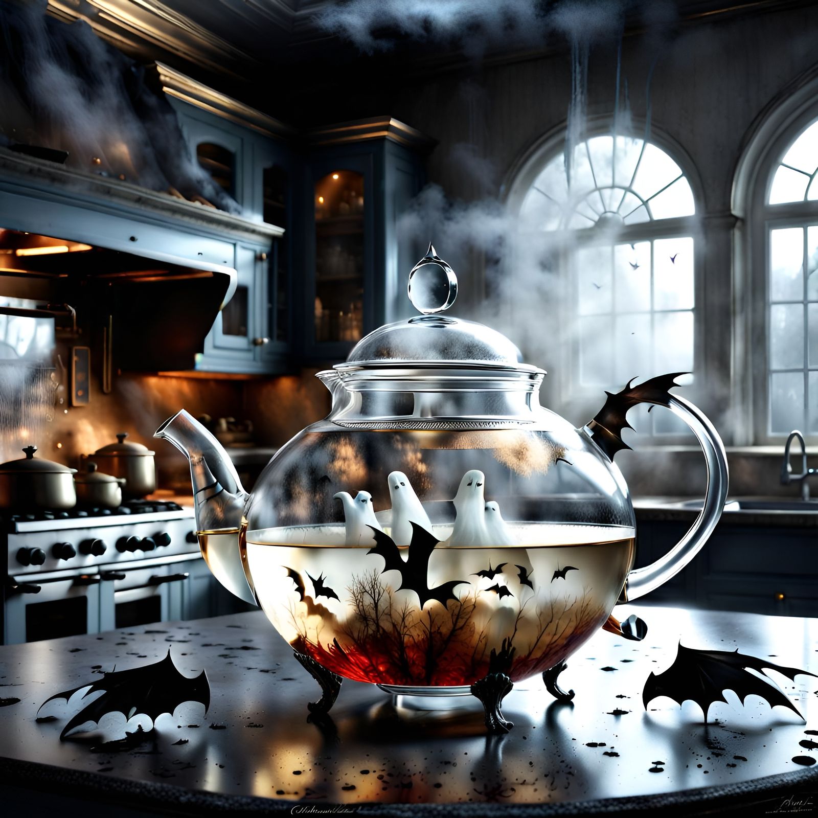 Cursed Teapot of Ghosts & Bats in a Haunted Kitchen - AI Generated ...