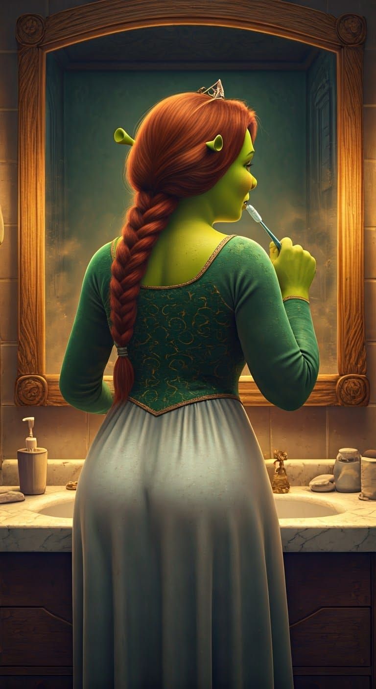 Princess Fiona Brushes Her Teeth in Golden Hour Li... - AI Art