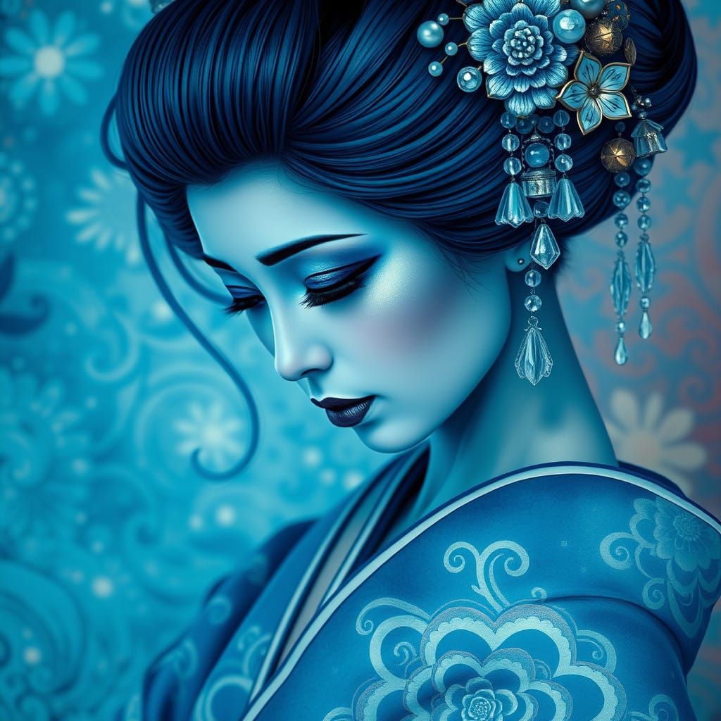 blue Japanese weeping geisha with a tear falling from her eye, with a ...