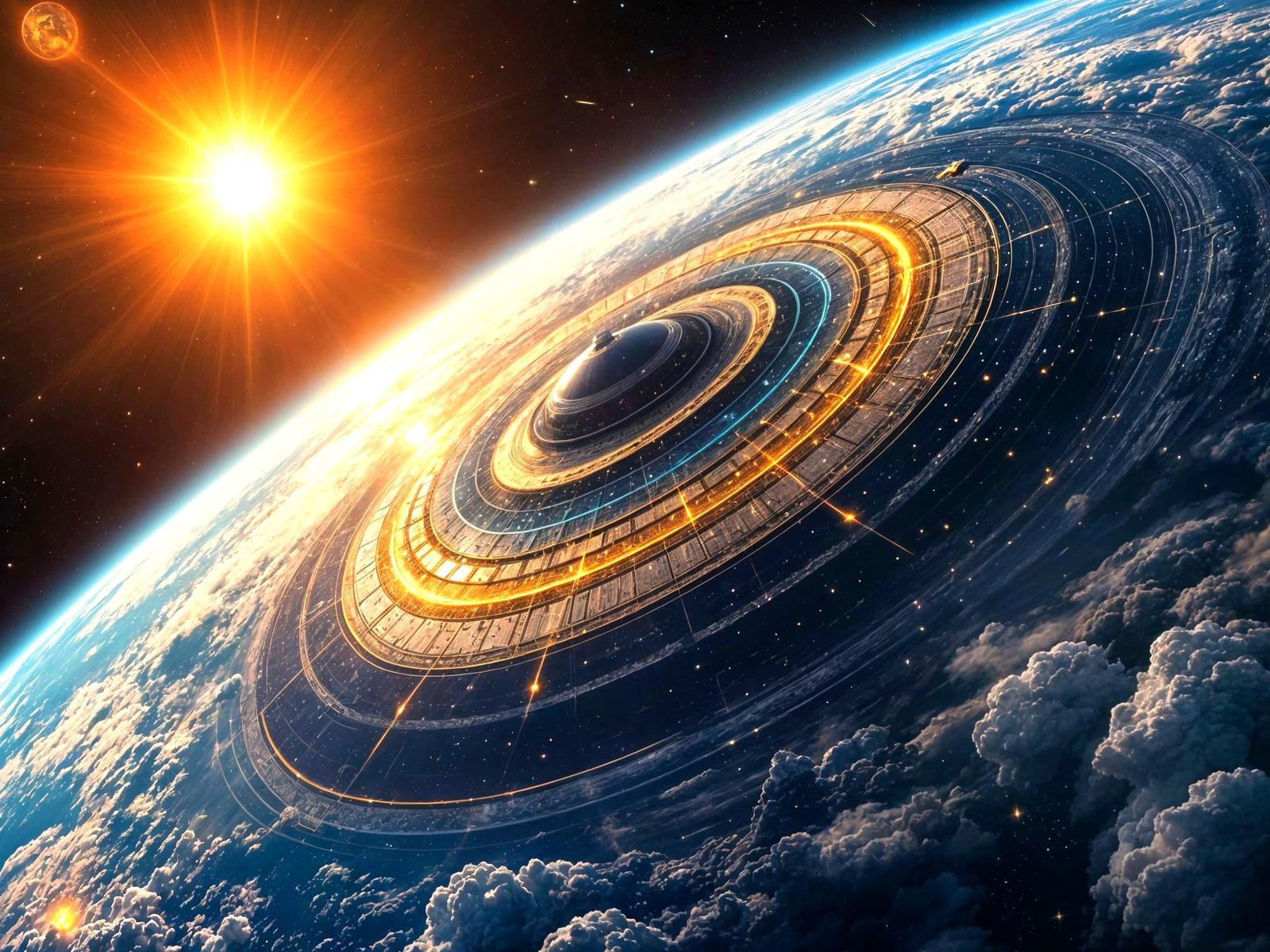 Glowing Disc-Shaped Spaceship in Orbit Over Vibran... - AI Art