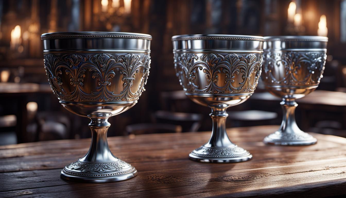 polished silver goblets on a wooden table - AI Generated Artwork ...