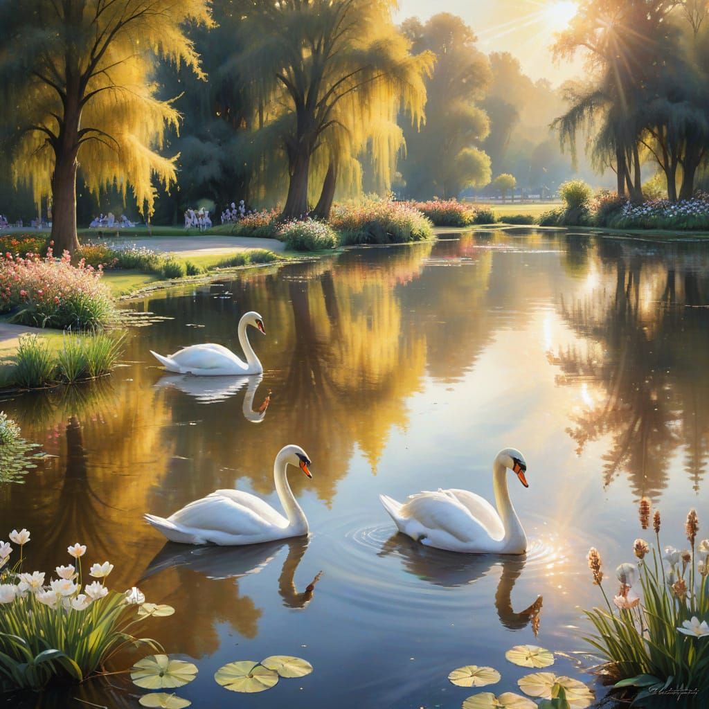 Swans - Elegant Swans in Golden Hour Paradise