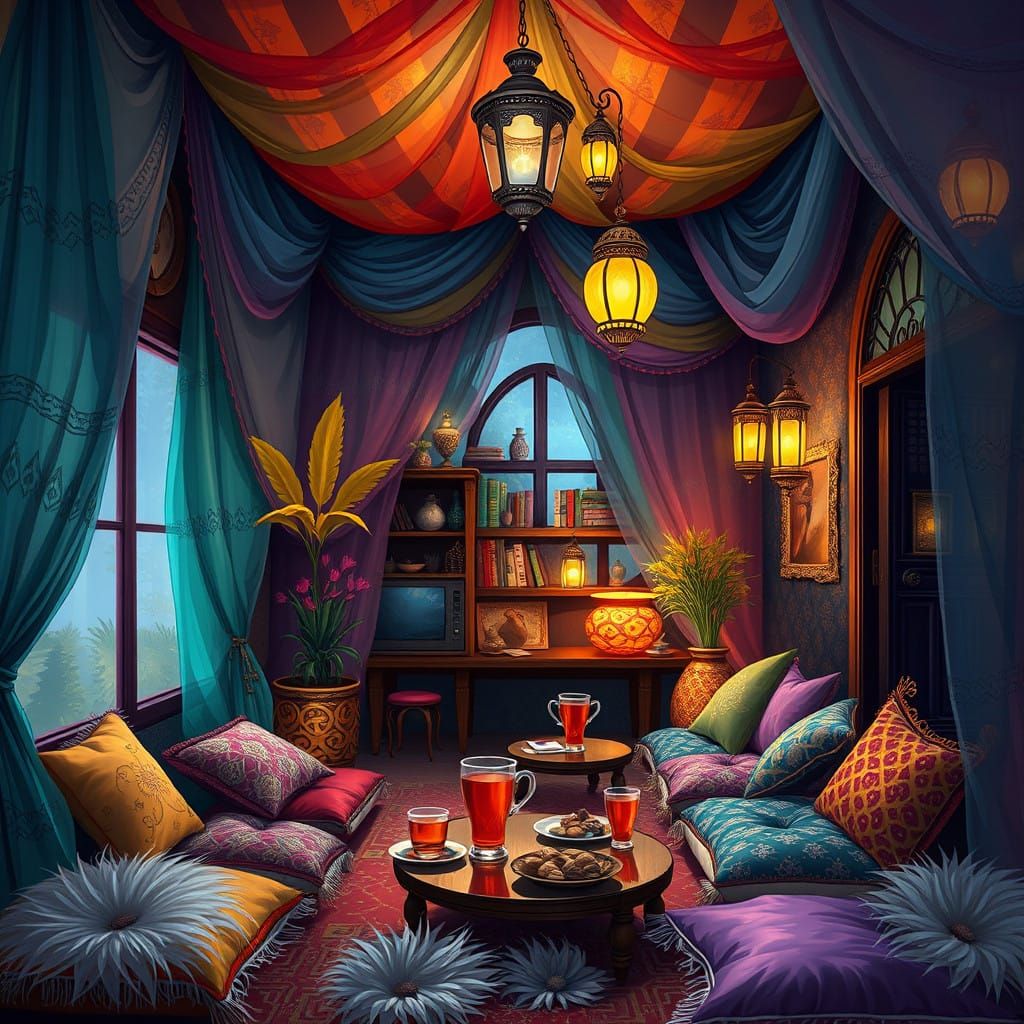 Exotic Tea house - Cozy Exotic Tea House in Digital Painting