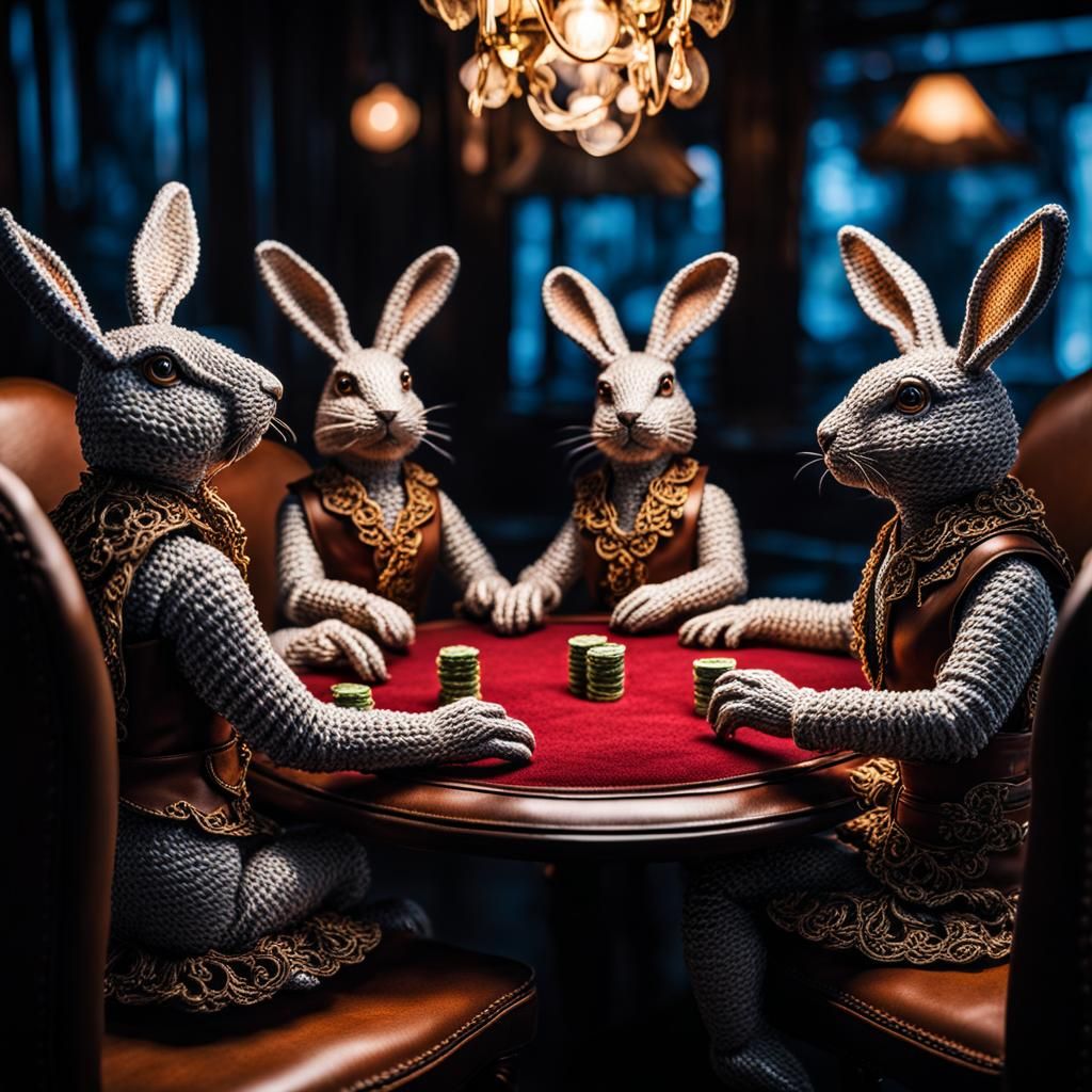 Crocheted Bunnies in leather-suits playing poker - AI Generated Artwork ...