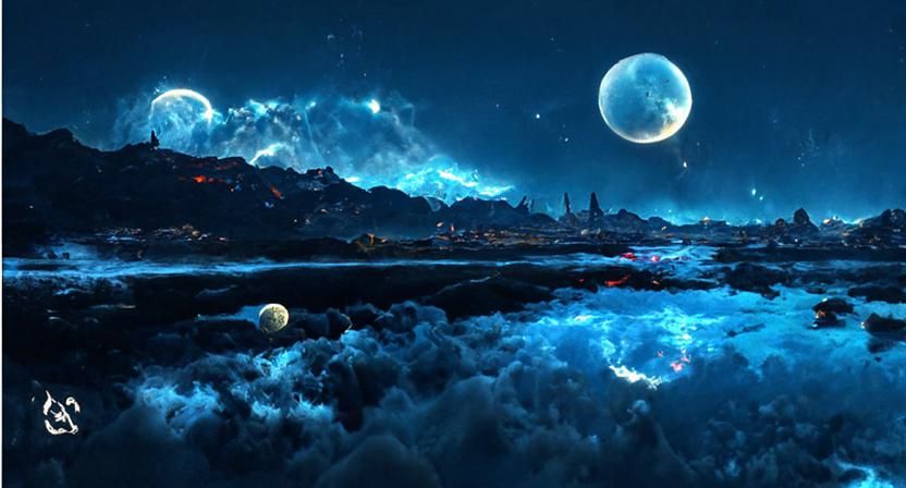 highly detailed beautiful night sky landscape, big moon, shiny stars on ...