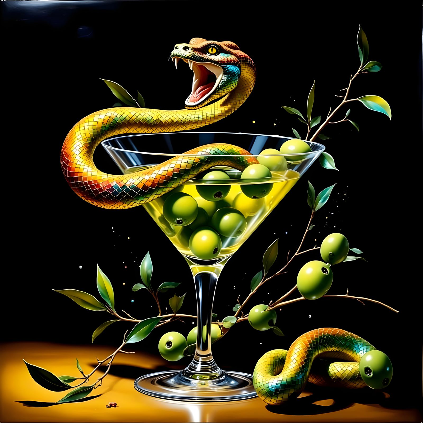 "Oliver The Cobra" Dancing Cobra emerging from martini glass made of Olives