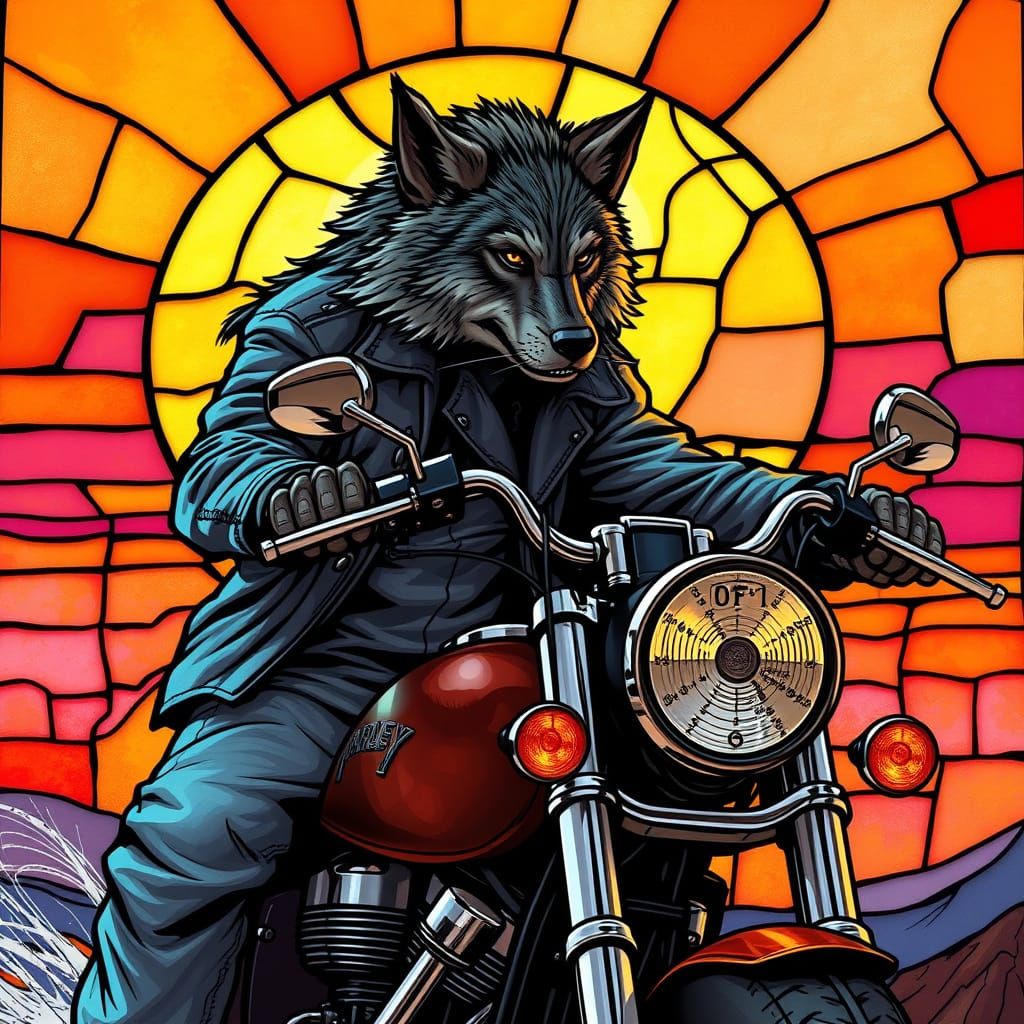 Rugged Werewolf Rides Stained Glass Sunset Hog - AI Art