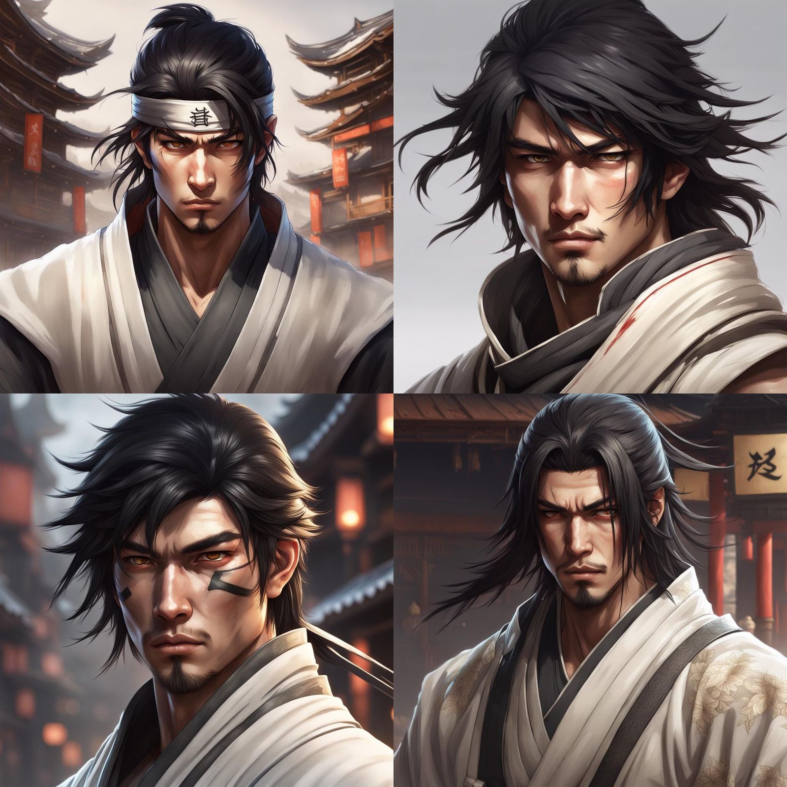 Japanese white ninja. fluffy black hair, sharp brown eyes, sandy pale ...