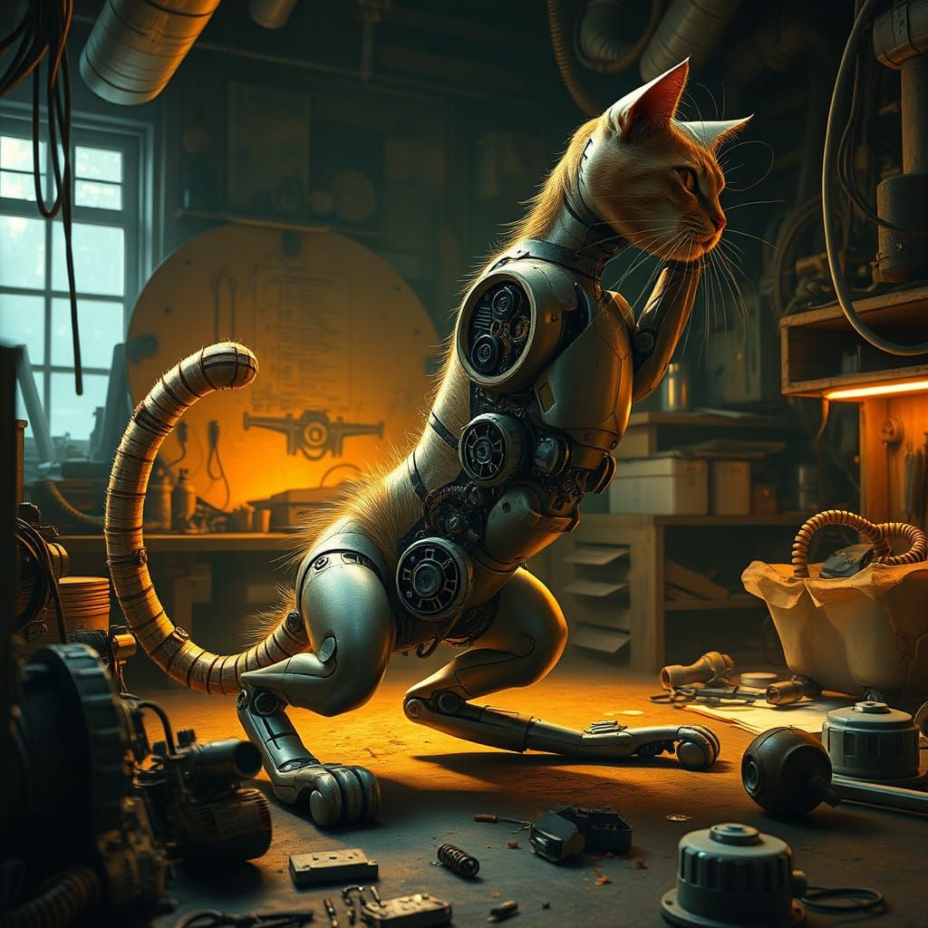 Robot cat waking up - Industrial Futuristic Robot Cat Awaken...