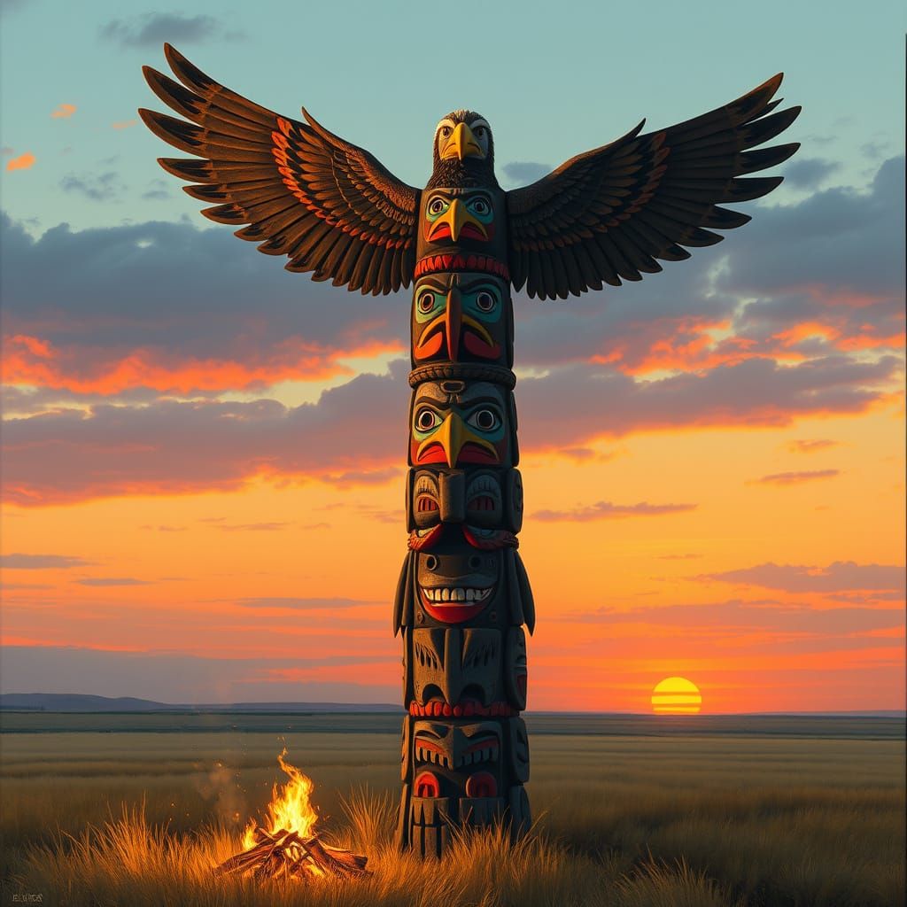 Majestic Indian Totem Pole Against Sunset Prairie - AI Art
