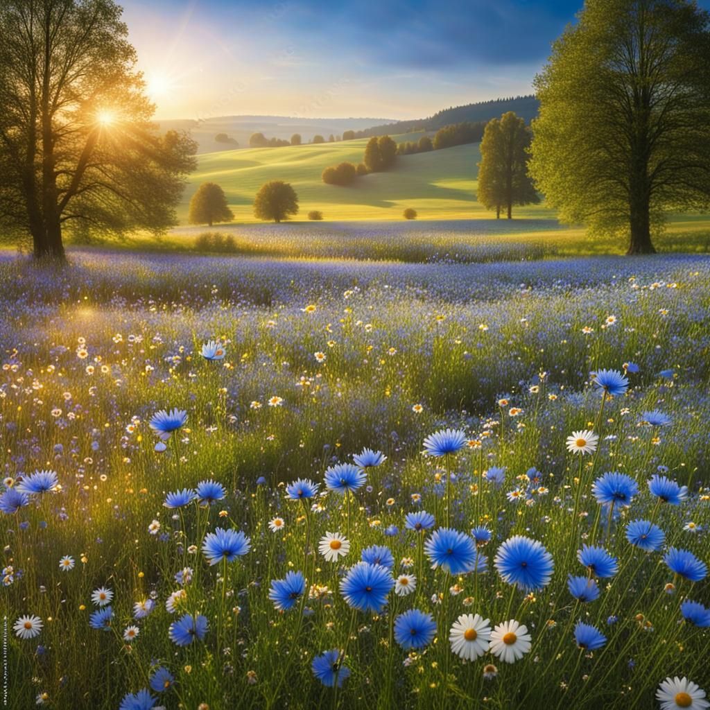 Field of cornflower poppies and daisies in a stunning country landscape ...