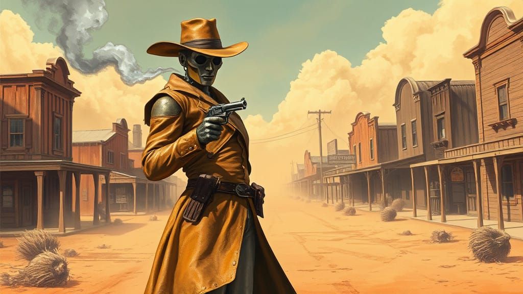 Cybernetic Cowboy Stands Tall, Revolver Smoking in... - AI Art