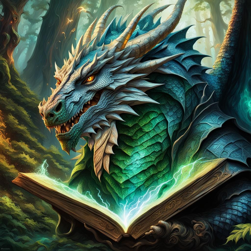 magical world coming out of an old grimoire, forest, dragons, wizard ...