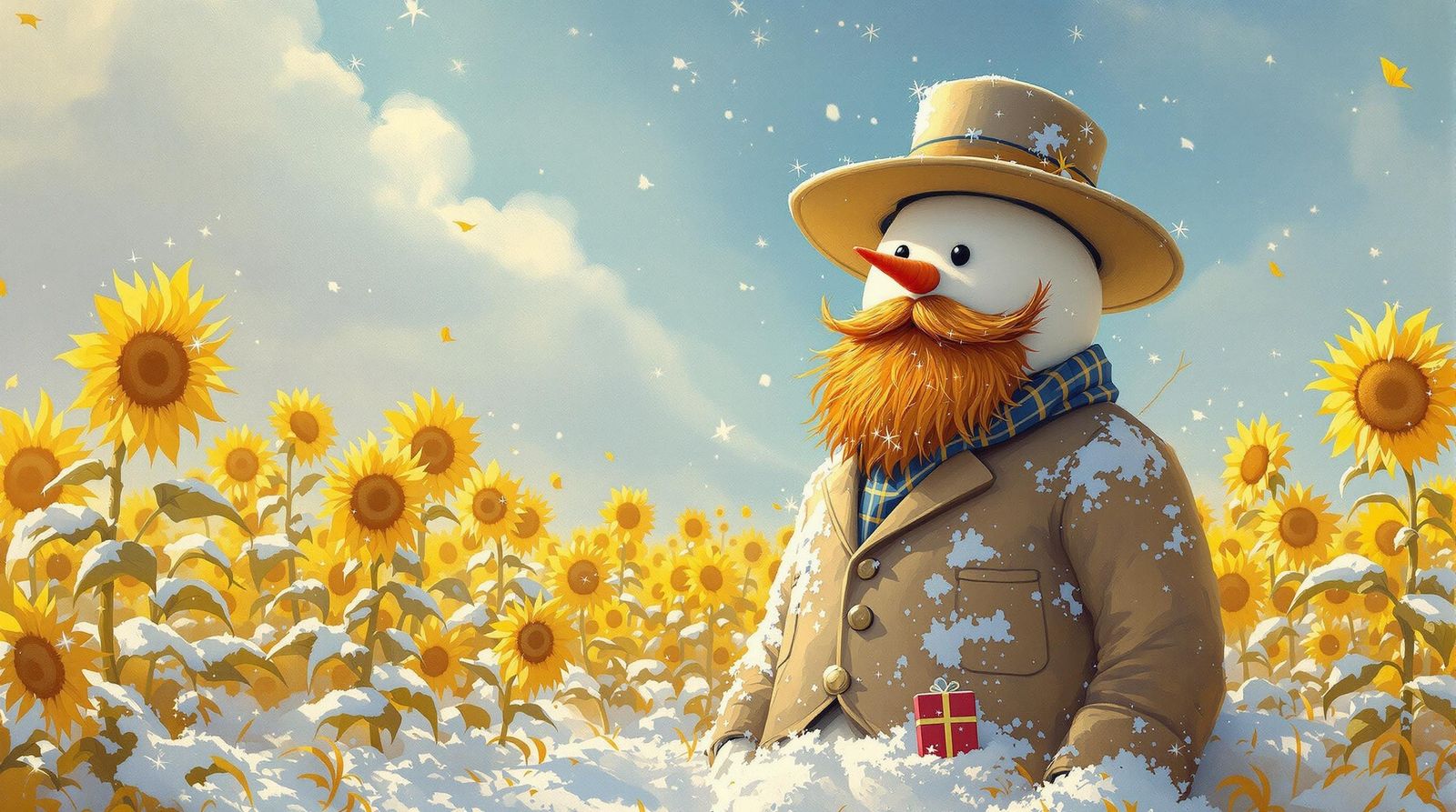 Vincent Van Snow - Adorable Snowman Portrait in a Sunny Sunf...