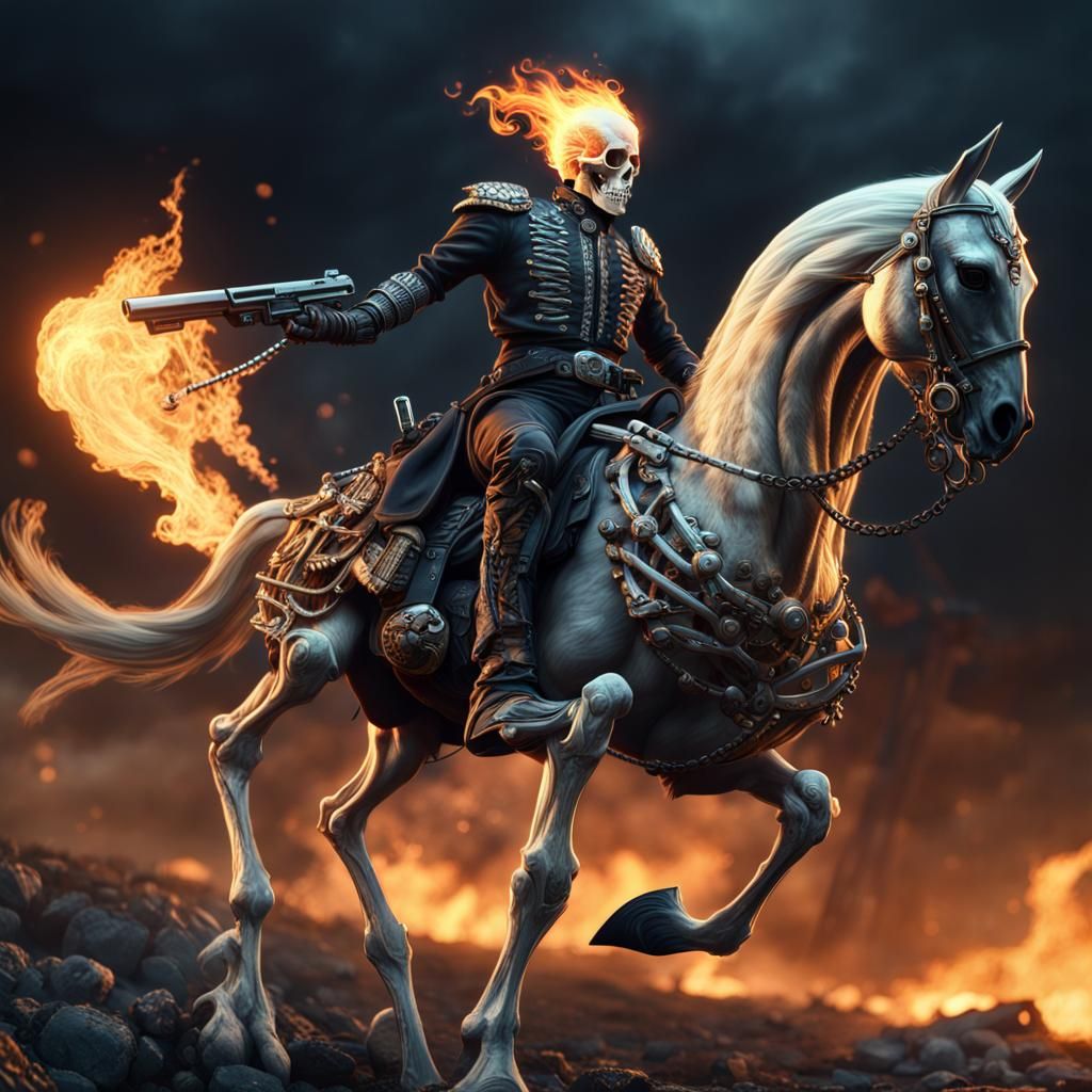 Ghost rider dragoon on skeleton horse with pistol - AI Generated ...