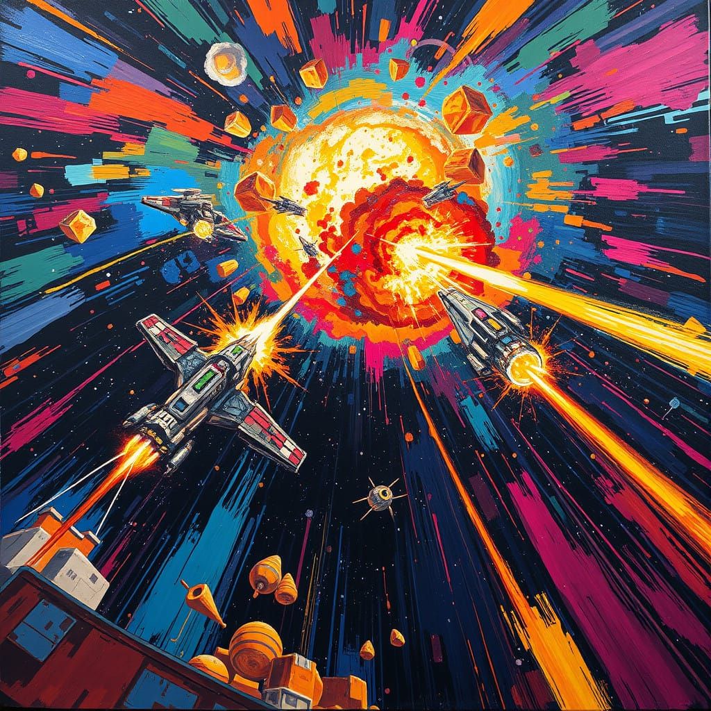 Cosmic Chaos: Explosive Spacecraft Battle in Thick... - AI Art